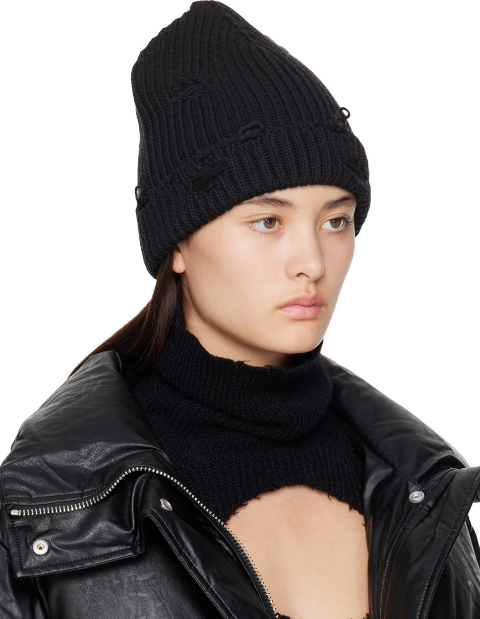 MM6 Maison Margiela Black Distressed Beanie MM6 Maison Margiela