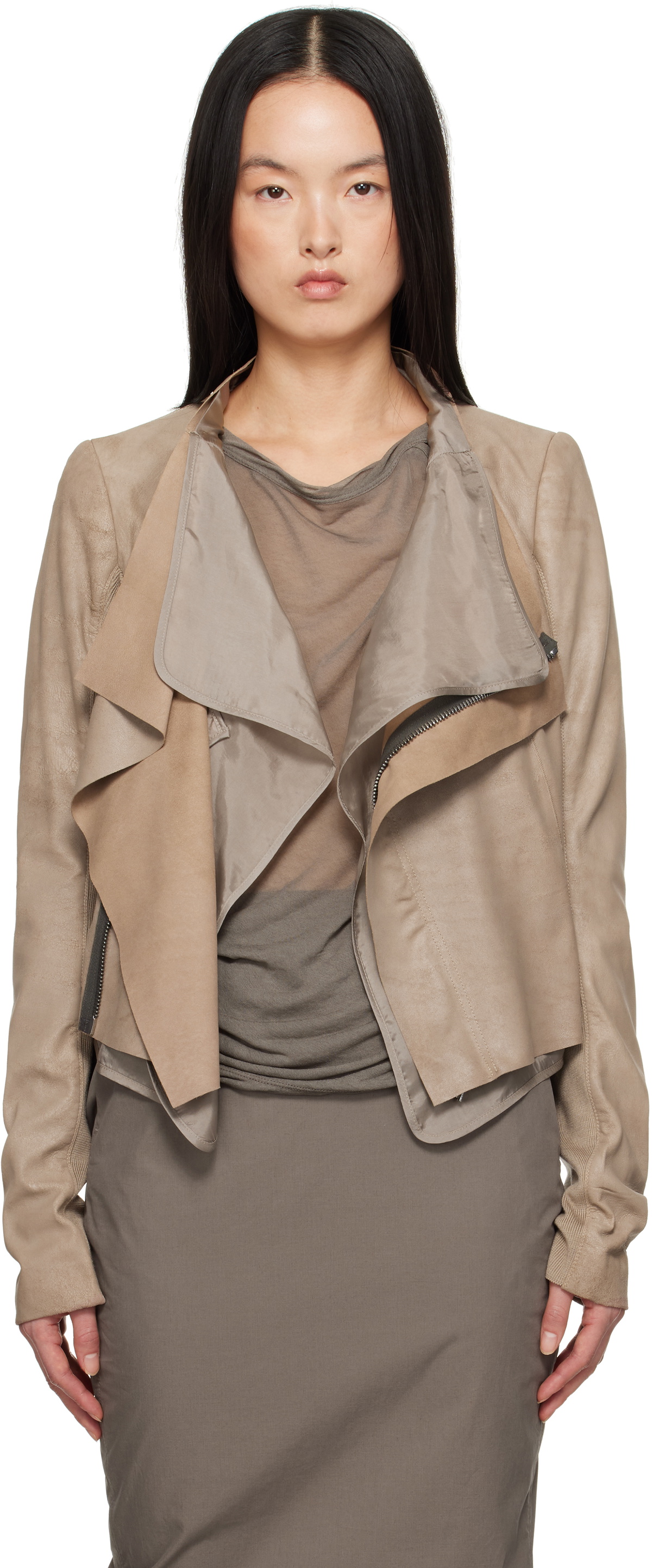 Rick Owens Beige Hollywood Low Neck Leather Biker Jacket Rick Owens