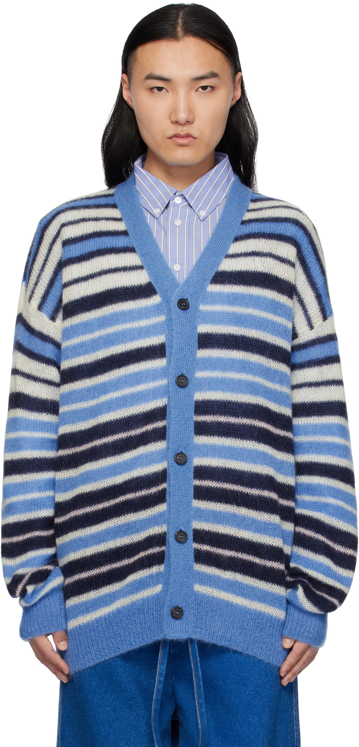 Marni Blue & Black Lightweight Fuzzy Wuzzy Stripe Cardigan Marni