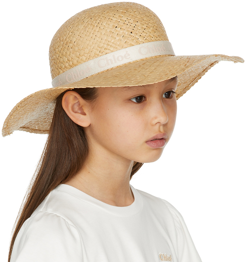 Chloé Kids Beige Raffia Logo Ribbon Hat Chloe