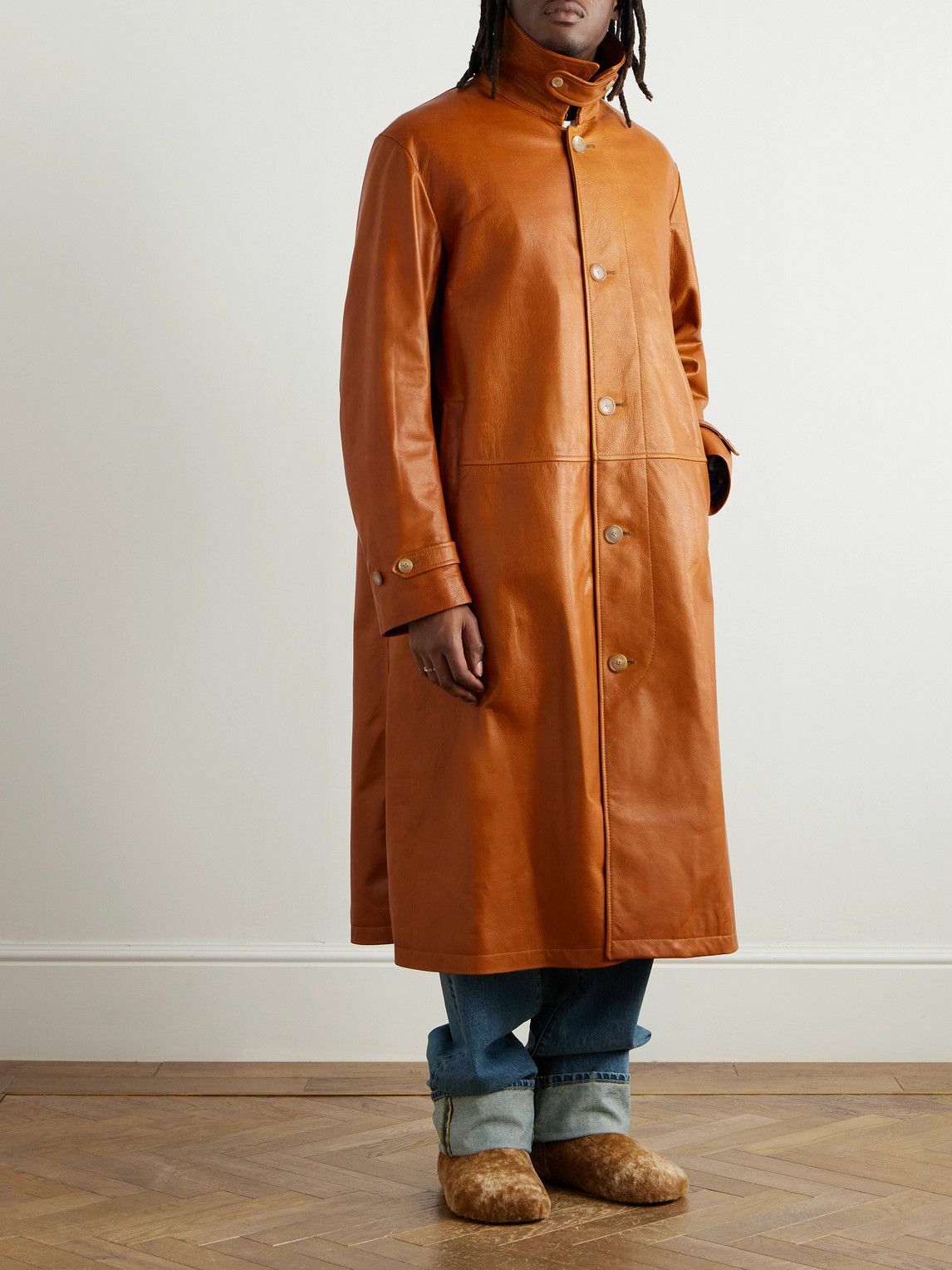 BODE - Panelled Glossed Textured-Leather Coat - Brown Bode