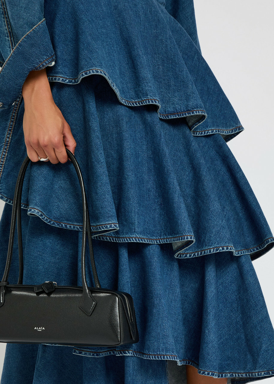 Alaïa Spiral Asymmetric Tiered Denim Midi Skirt Blue ALAÏA