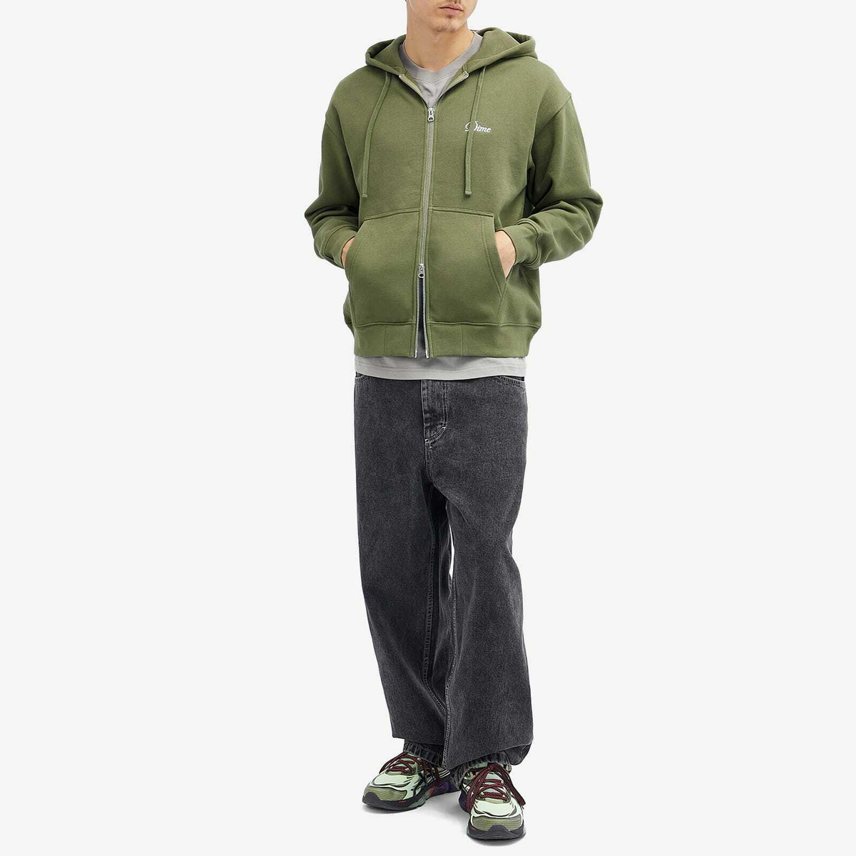 Dime Men's Cursive Zip Hoodie in Army Green Dime