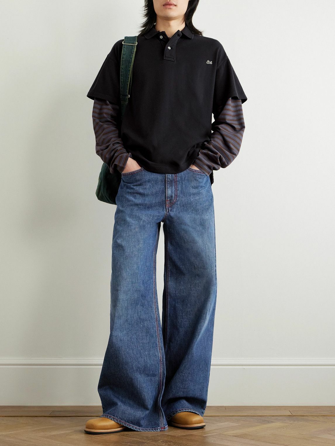 ERL - Layered Striped Jersey-Trimmed Cotton-Piqué Polo Shirt - Black ERL