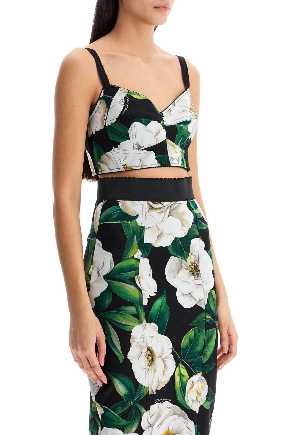 DOLCE & GABBANA black polyamide bra with floral pattern and deep ...