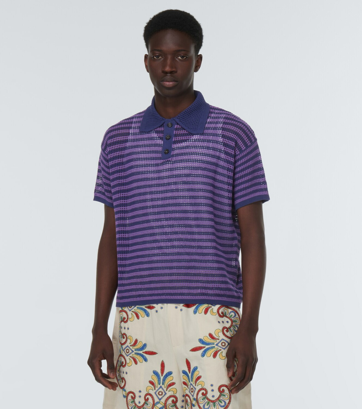 Bode Striped crochet cotton polo shirt Bode