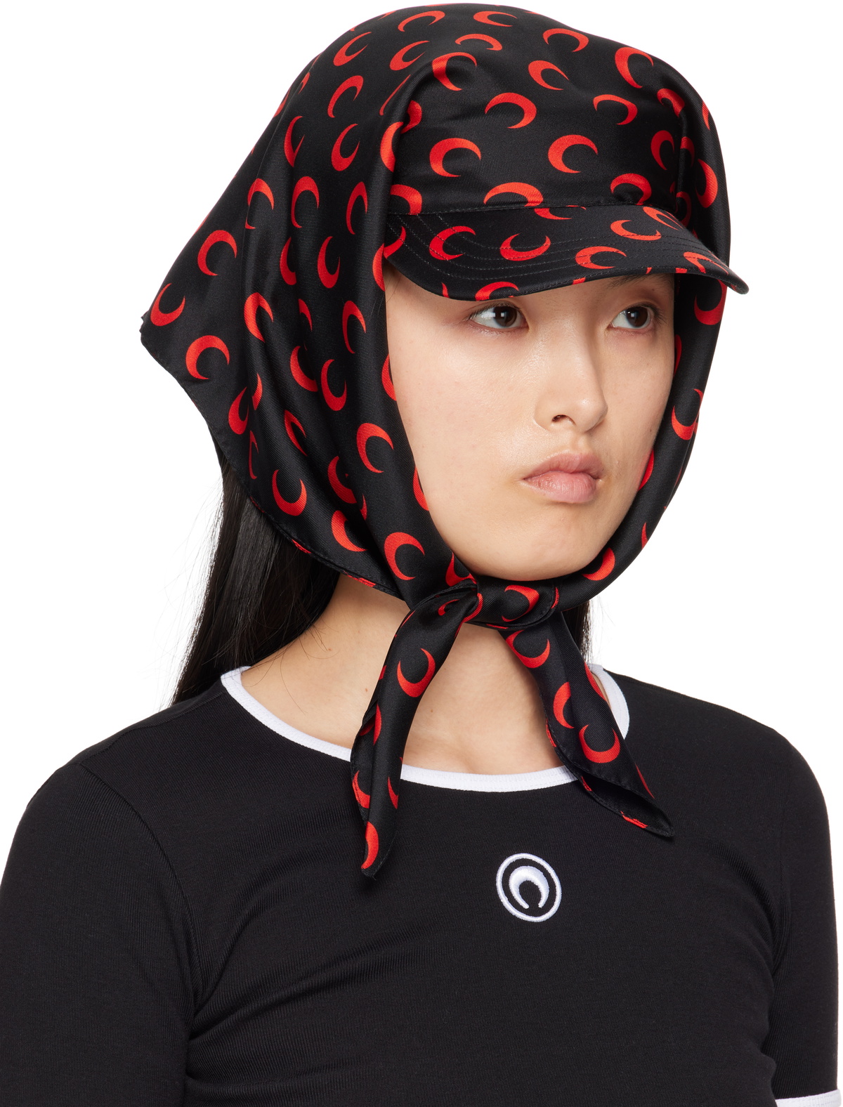 Marine Serre SSENSE Exclusive Black & Red Regenerated Silk Veiled Cap ...