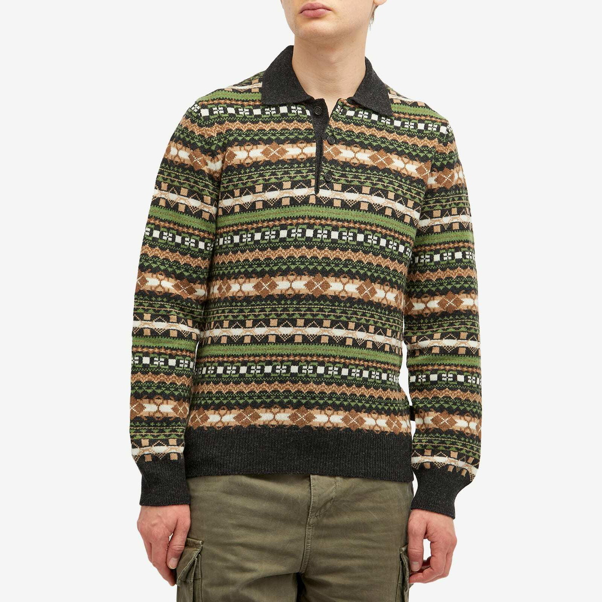 Loewe Men's Fair Isle Knit Polo in Green/Multi Loewe