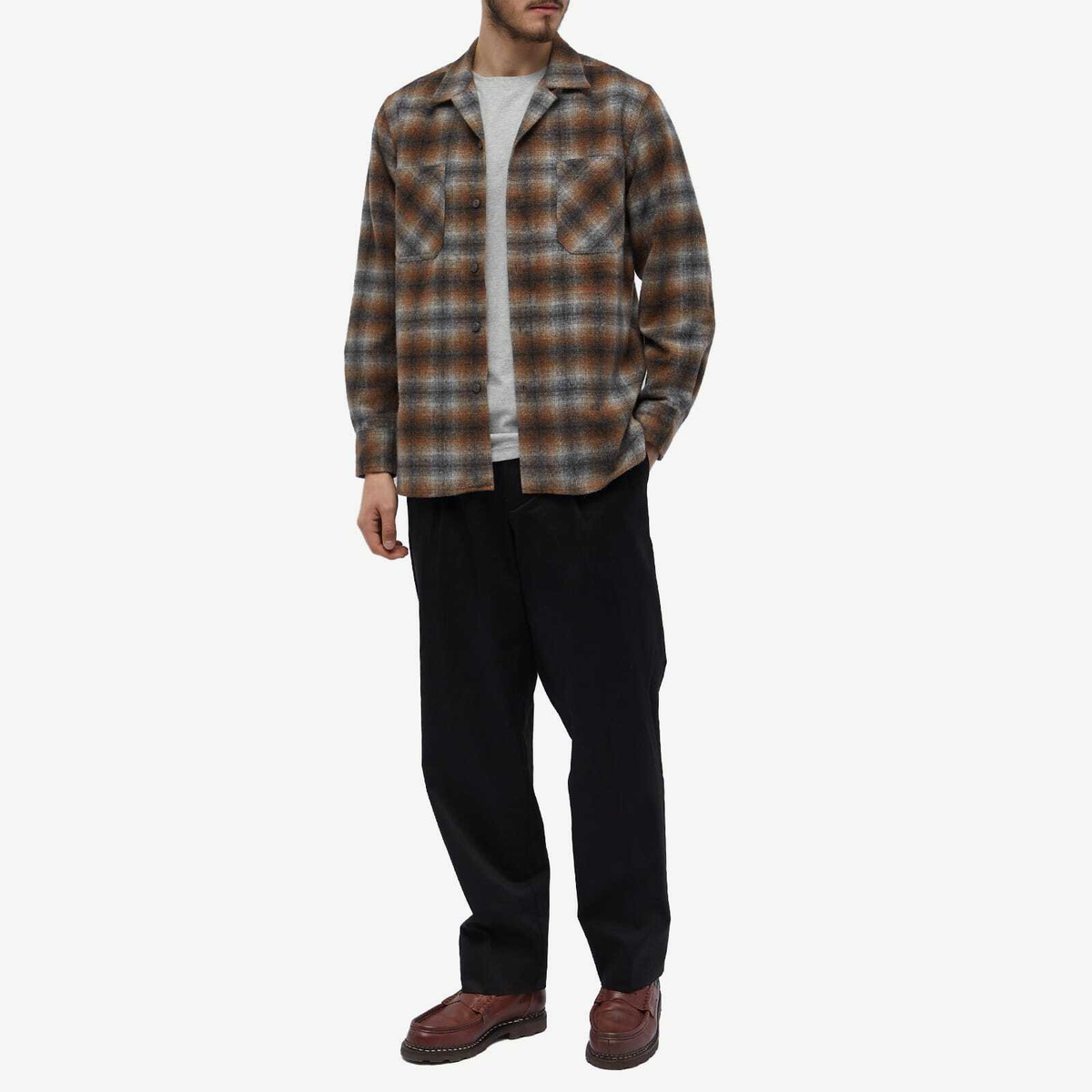 Universal Works Men's Wool Flannel Work Shirt in Brown Check Universal ...