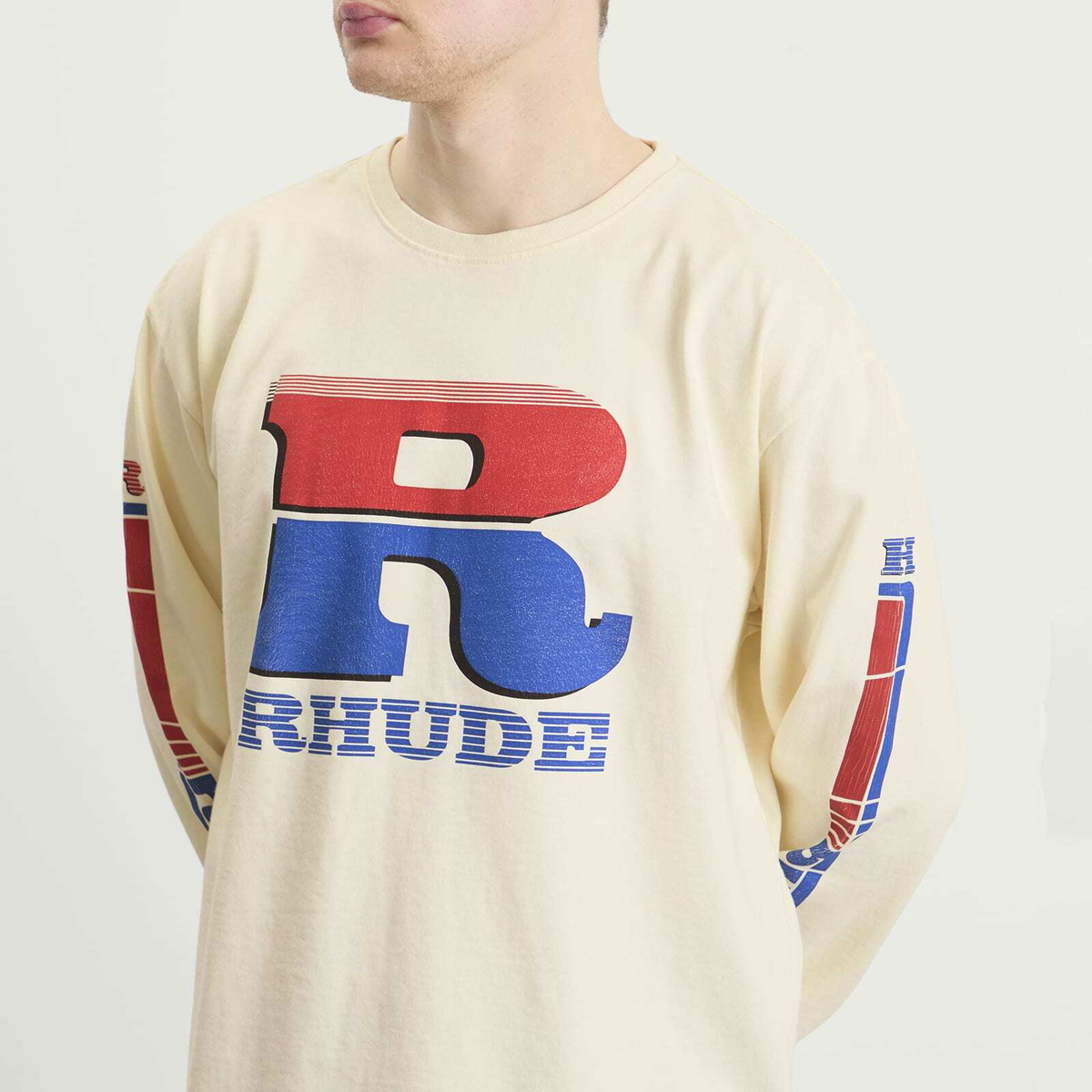 Rhude Men's Split Petrol Logo Long Sleeve T-Shirt in Vintage White/Red ...