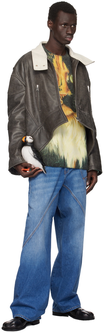 JW Anderson Gray Curved Hem High Neck Leather Jacket JW Anderson
