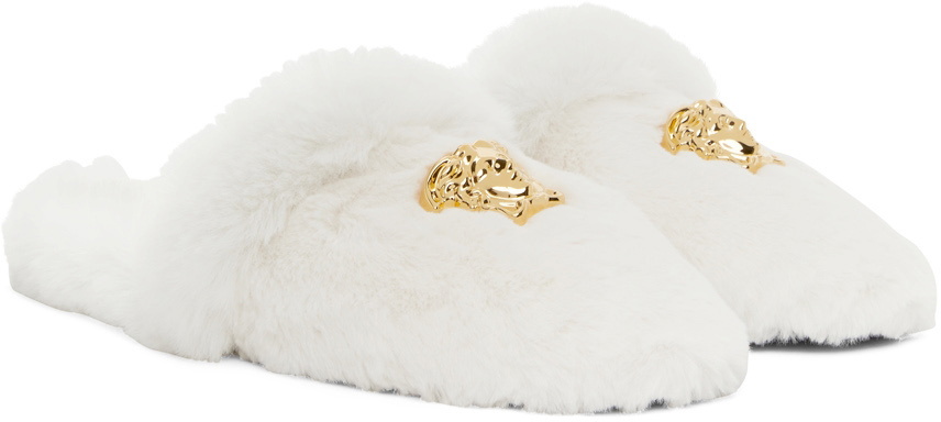 Versace White Faux-Fur Palazzo Slippers Versace