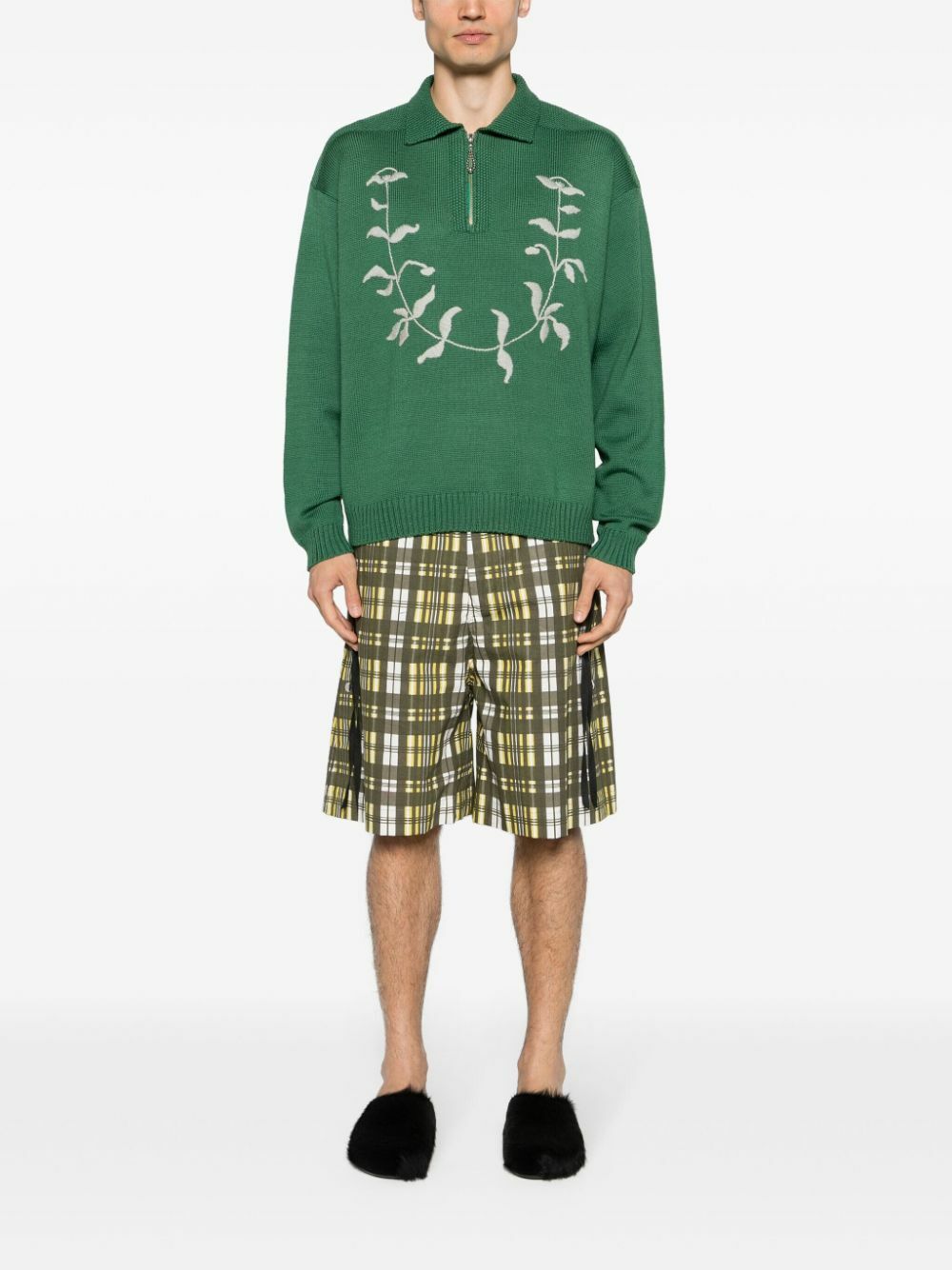 BODE Green Floral Jacquard Detail Half-Zip Jumper Bode