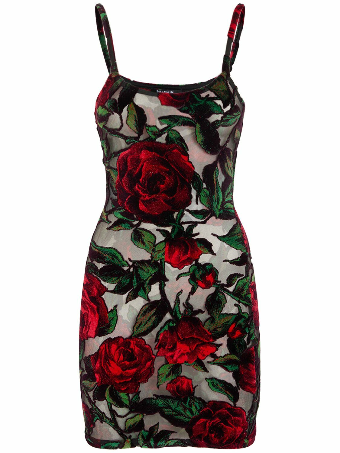 BALMAIN - Rose Print Velvet Mini Dress Balmain