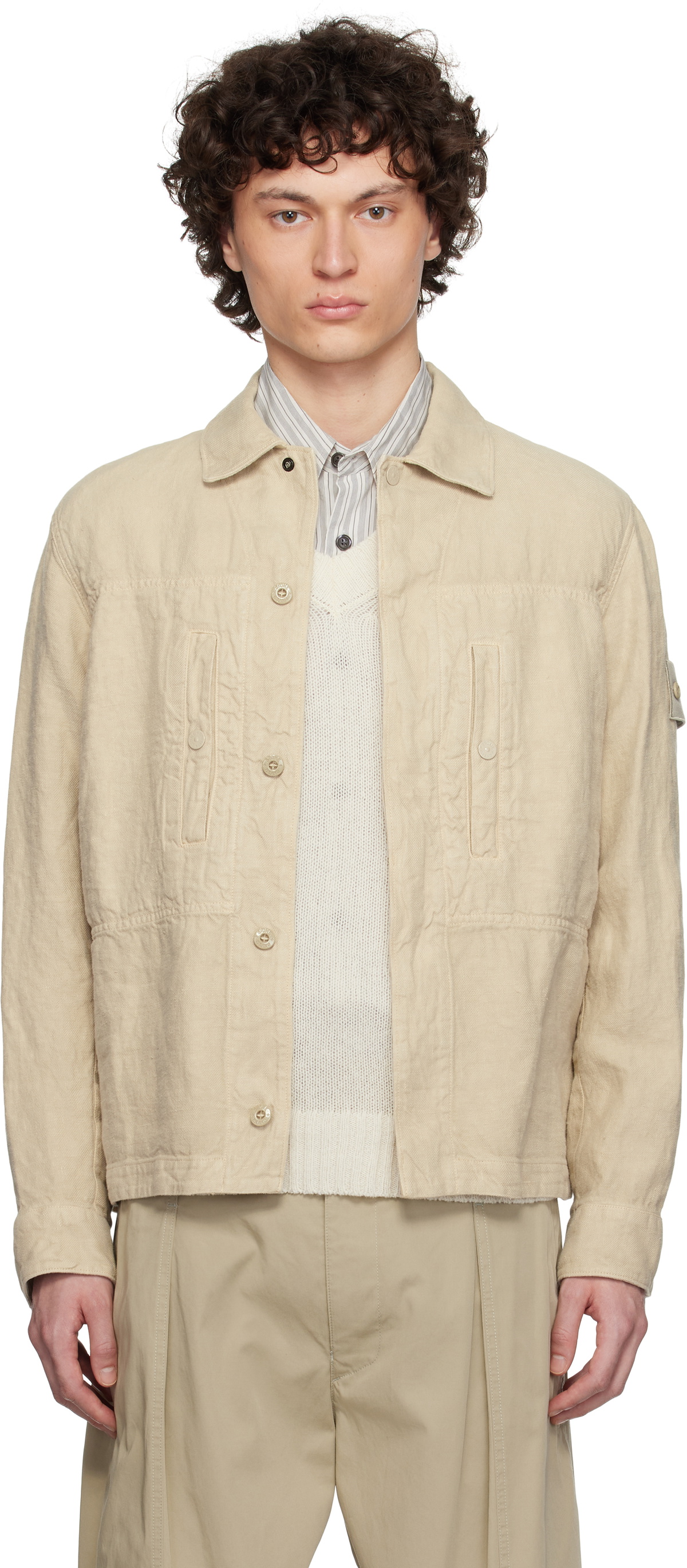 Stone Island Beige Diagonal Linen Overshirt Stone Island