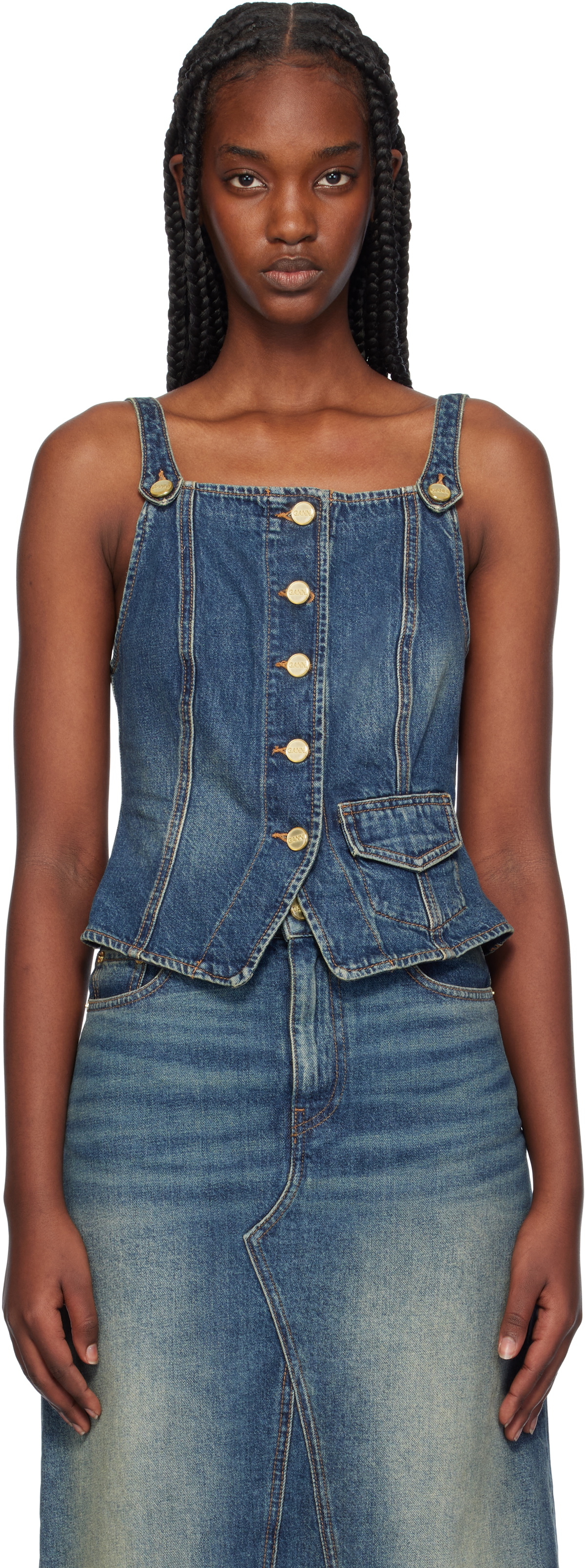 GANNI Blue Heavy Washed Denim Tank Top GANNI