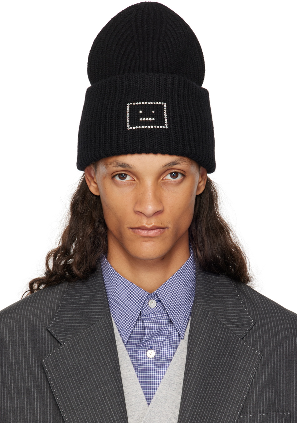 Acne Studios Black Embellished Face Logo Beanie Acne Studios