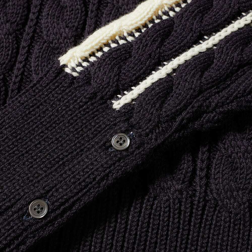 Thom Browne Men's Tricolour Sleeve Stripe Crew Cable Knit in Navy Thom Browne