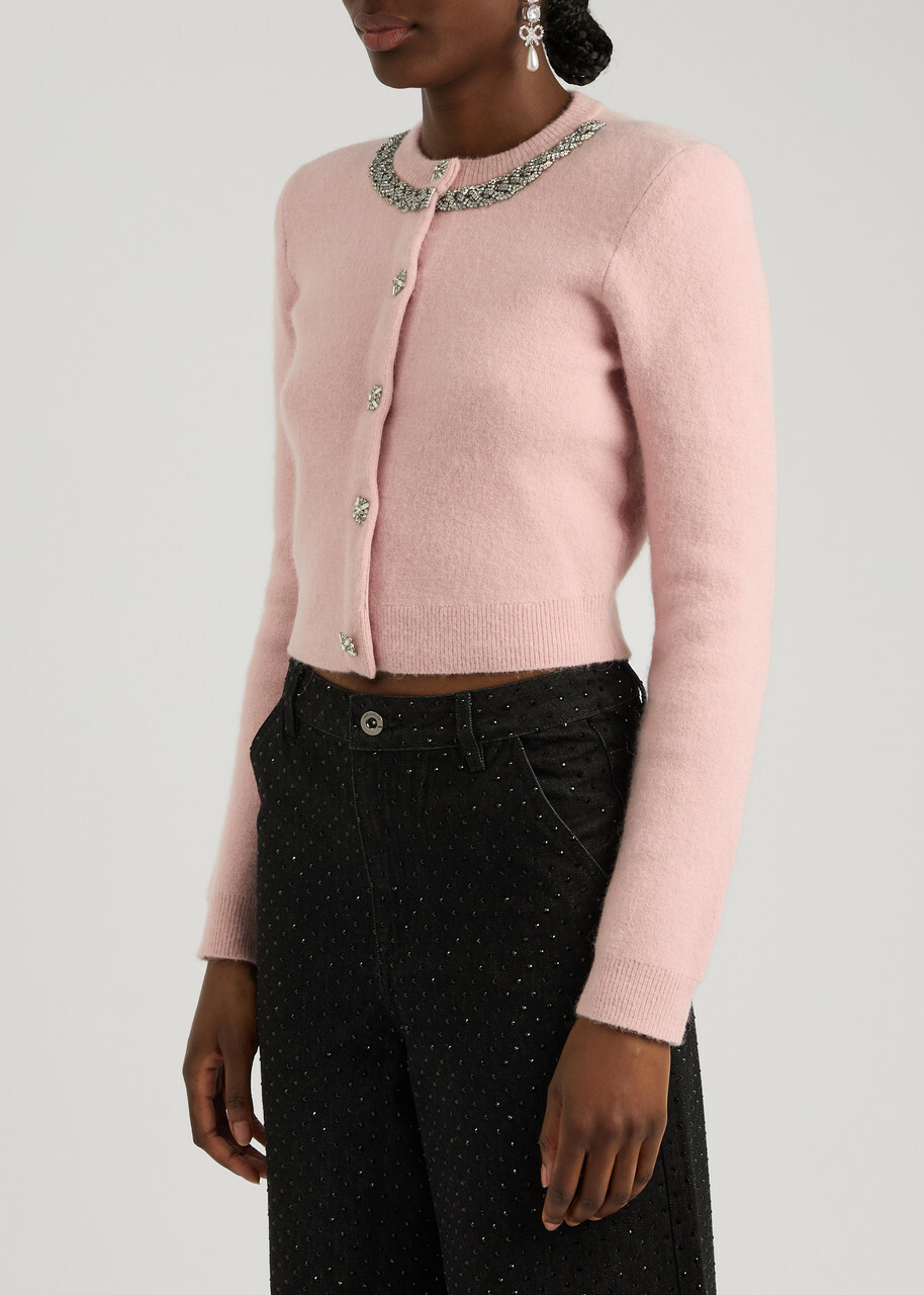 Self-portrait Crystal-embellished Knitted Cardigan Pink Self-Portrait