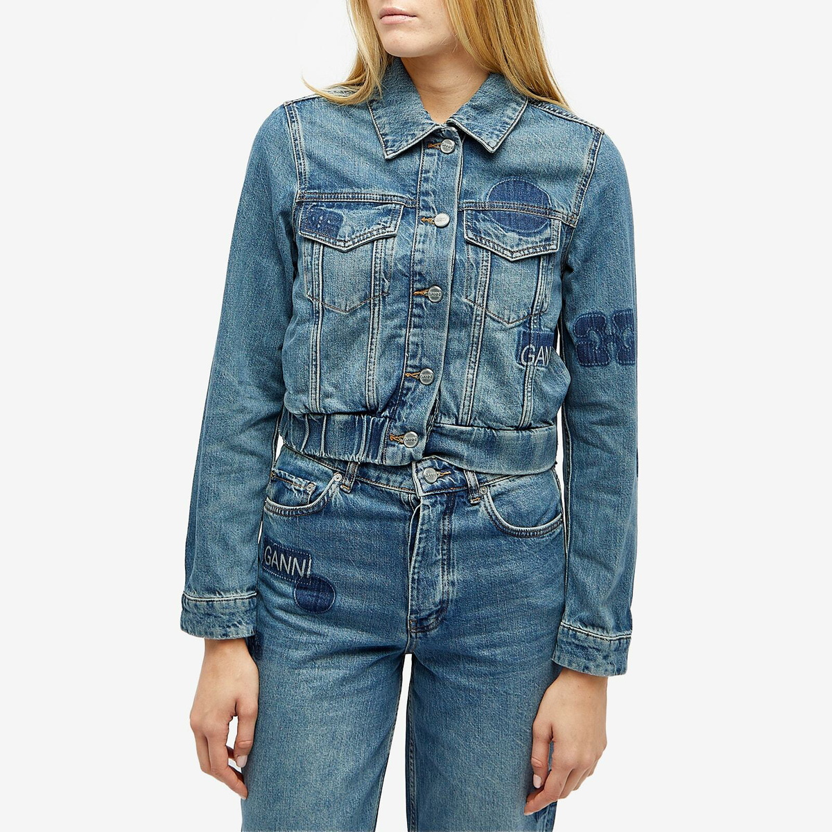 GANNI Women's Patch Denim Bomber Jacket in Tint Wash GANNI