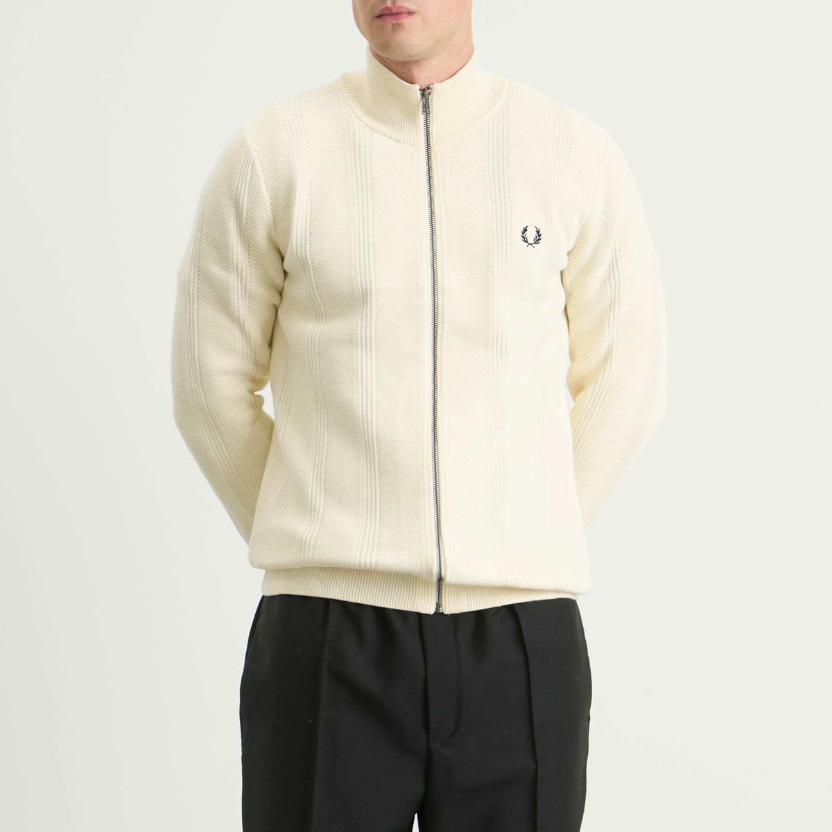 Fred Perry Men's Textured Zip Through Cardigan in Ecru Fred Perry