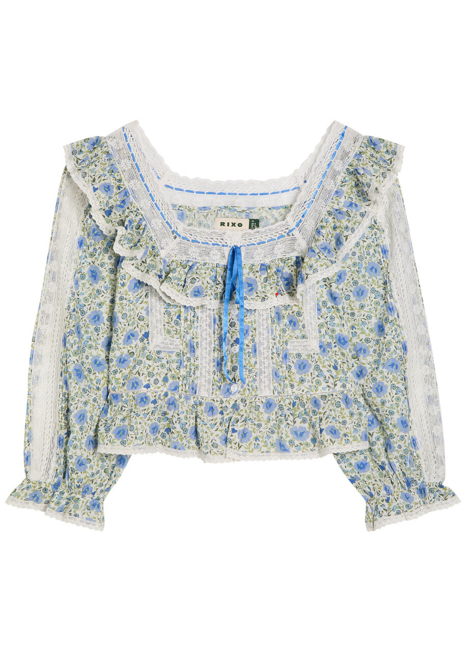 Rixo Oceana Floral-print Ruffled Cotton Blouse Black And White Rixo