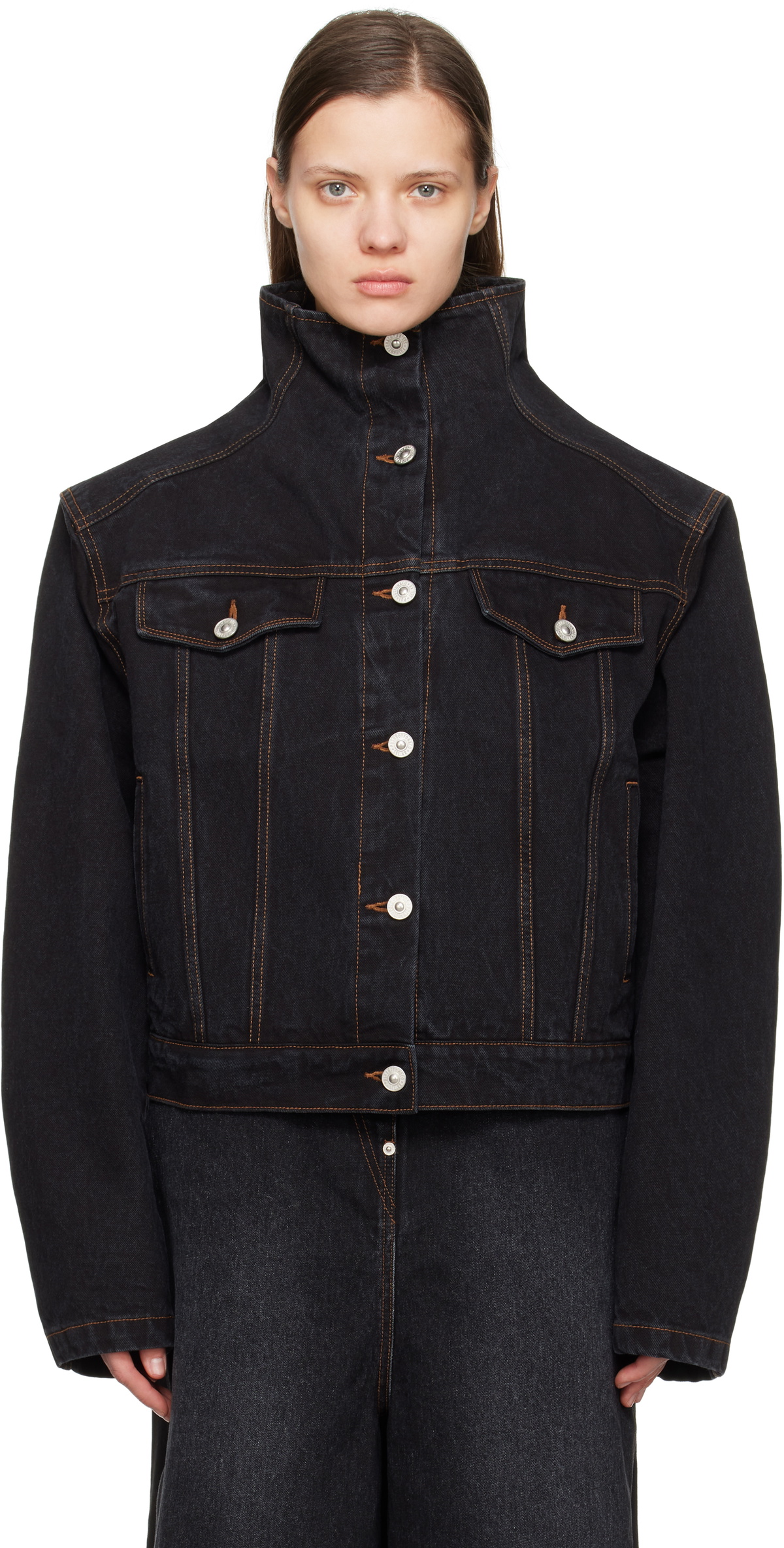 Pushbutton Black High Neck Denim Jacket Pushbutton