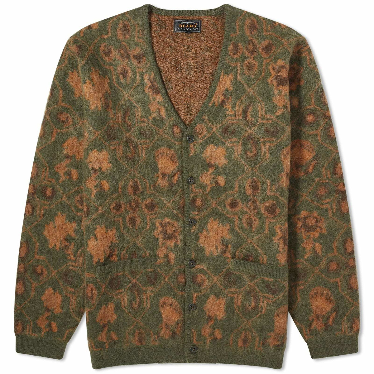 Beams Plus Men's Botanical Pattern Cardigan in Olive Beams Plus