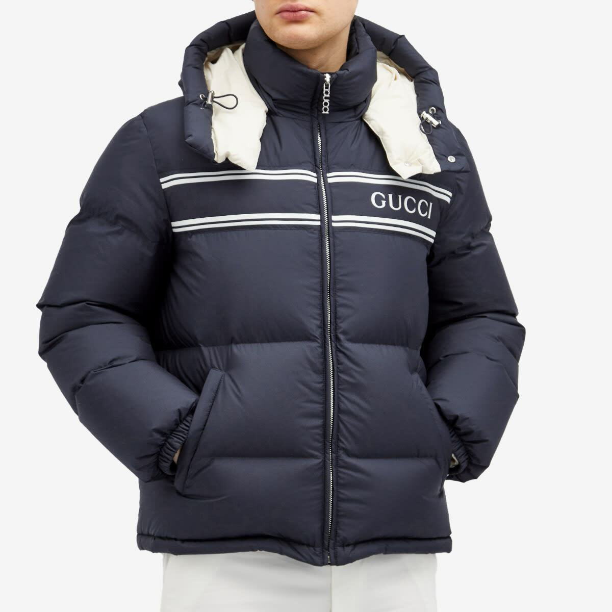 Gucci Men's Logo Hooded Down Jacket in Navy Gucci