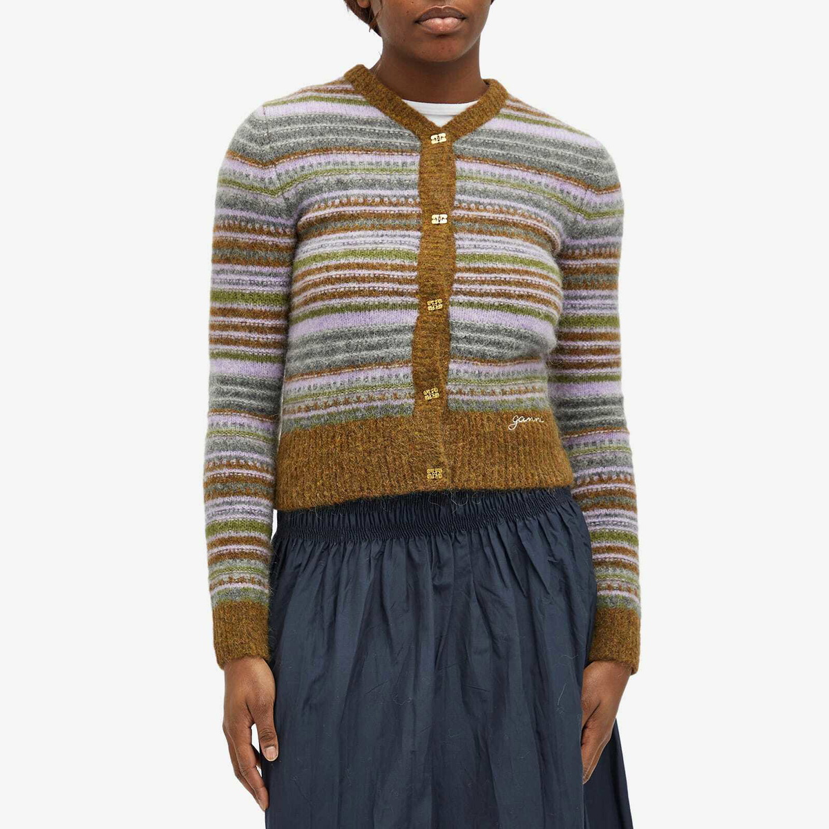 GANNI Women's Soft Wool Stripe Cardigan in Military Olive GANNI