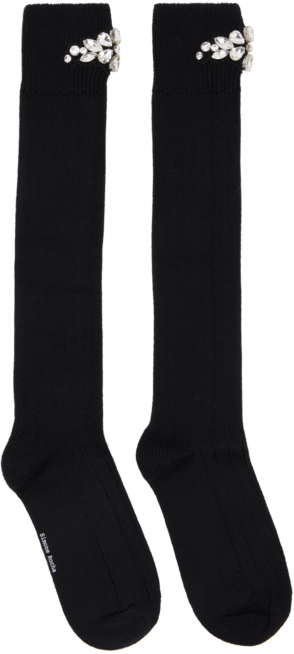 Simone Rocha Black Flower Crystal Emblem Knee High Socks Simone Rocha