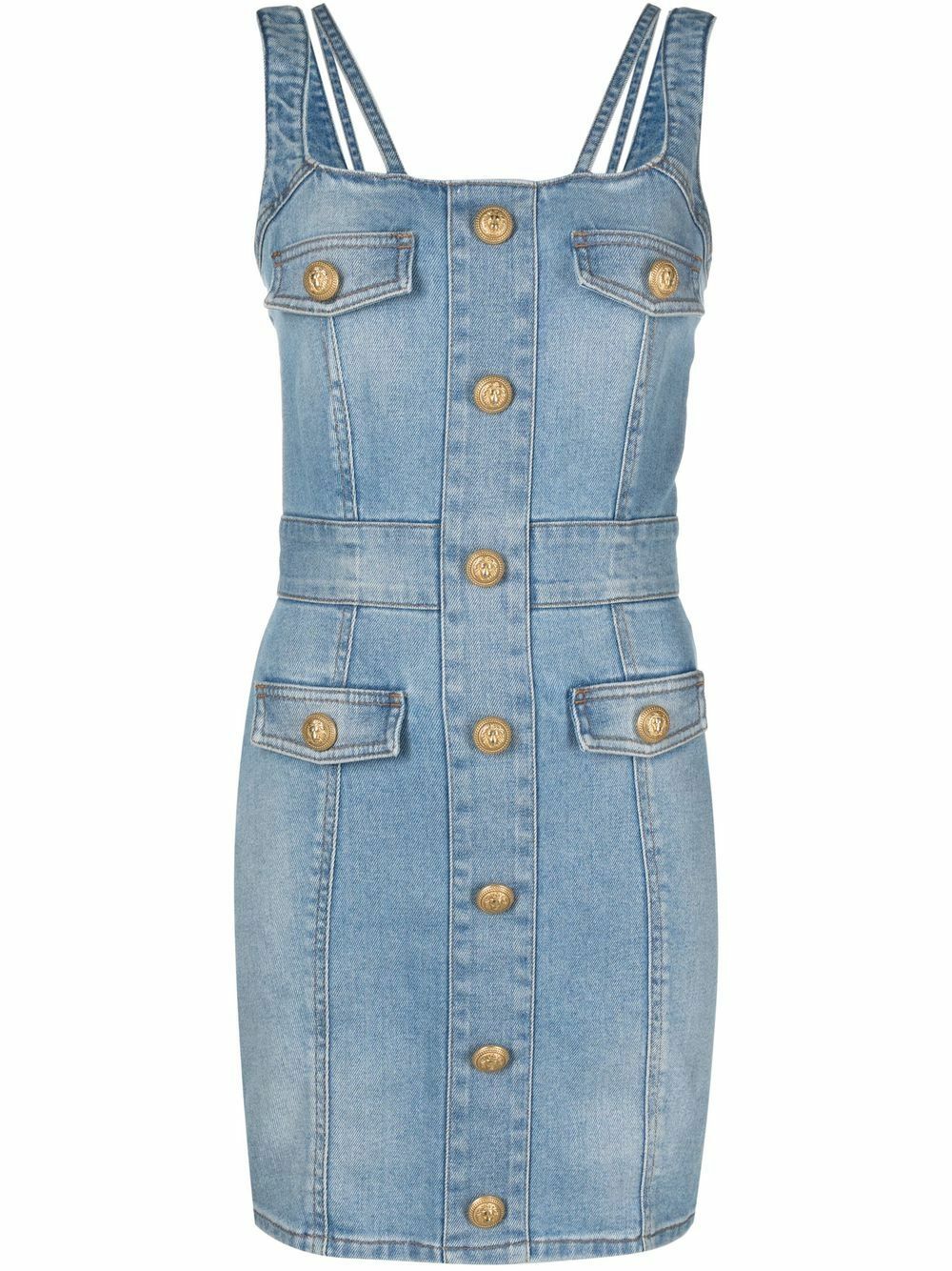 BALMAIN - Button-embossed Strapped Denim Short Dress Balmain