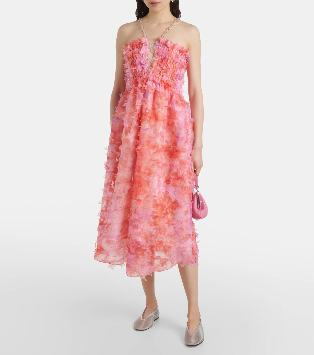 Susan Fang Floral-appliqué smocked tulle midi dress Susan Fang
