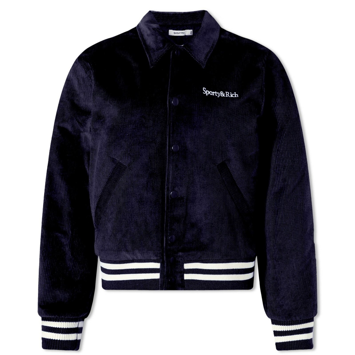 Sporty & Rich Women's Corduroy Varsity Jacket in Navy/Cream Sporty & Rich