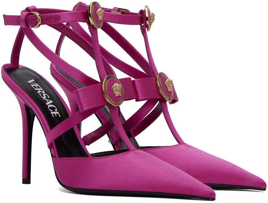 Versace Pink Gianni Ribbon Cage Satin Heels Versace