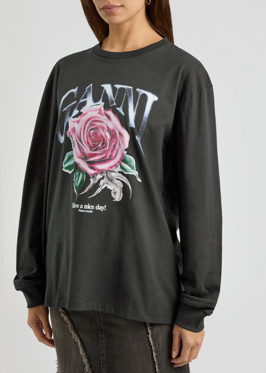 Ganni Logo Printed Cotton top Dark Grey GANNI