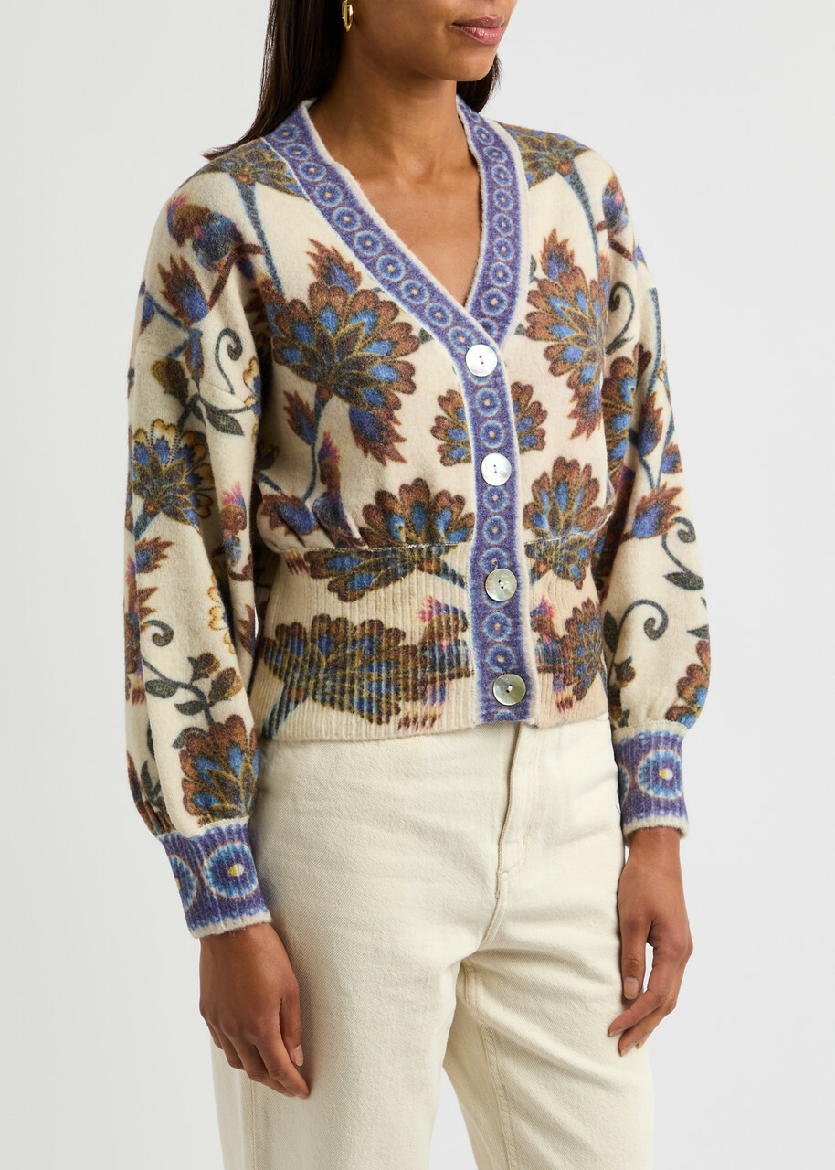 Farm Rio Ainika Floral Wool-blend Cardigan Cream Farm Rio