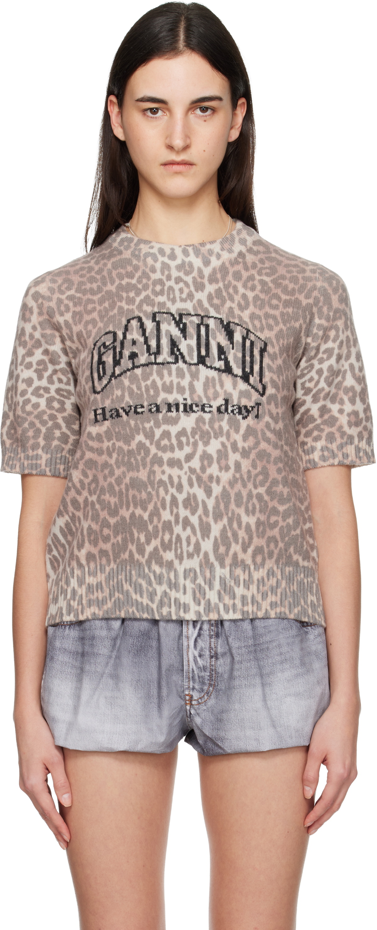 GANNI Brown Leopard Wool Mix T-shirt GANNI