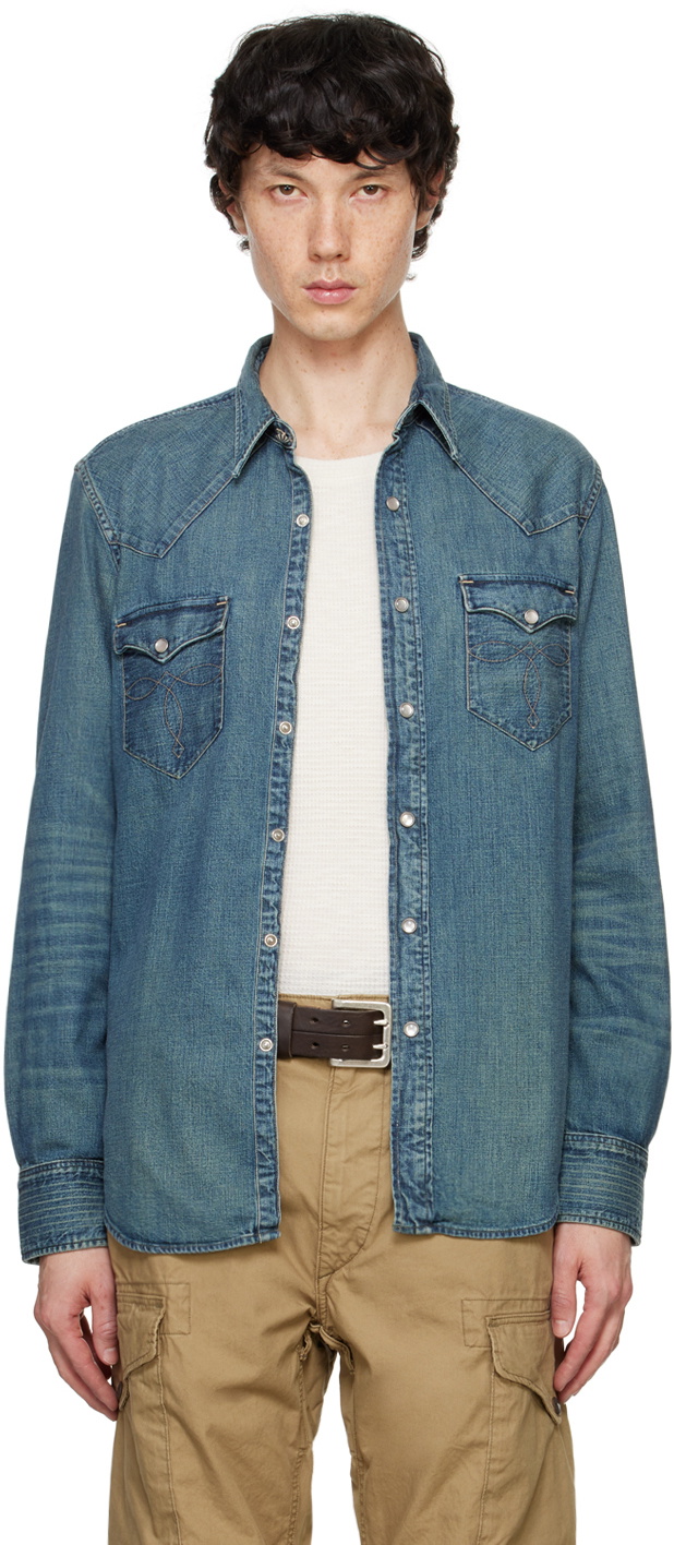 RRL Blue Slim Fit Western Denim Shirt RRL