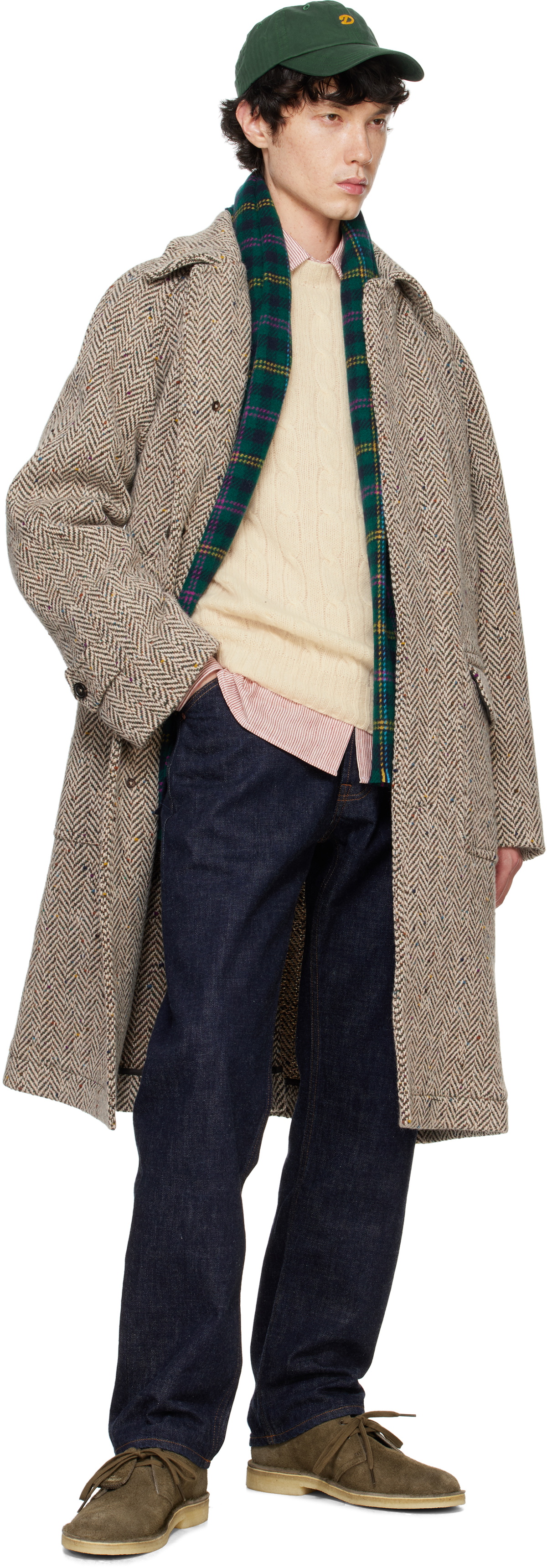 Drake's Beige Herringbone Wool Raglan Coat Drake's