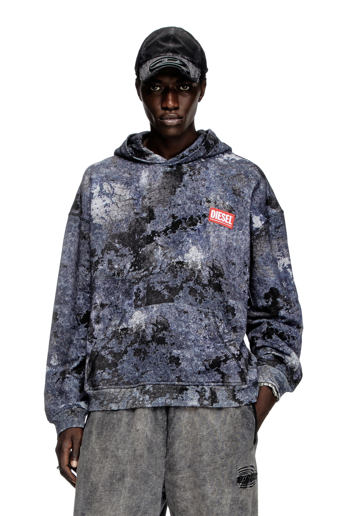 Diesel Marble-effect burnout hoodie - Sweaters Mens in Blue Diesel