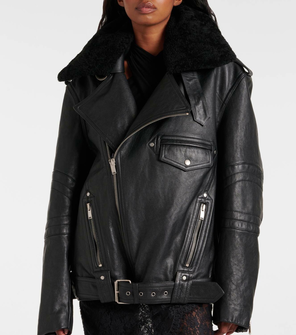 Saint Laurent Shearling-trimmed leather jacket Saint Laurent