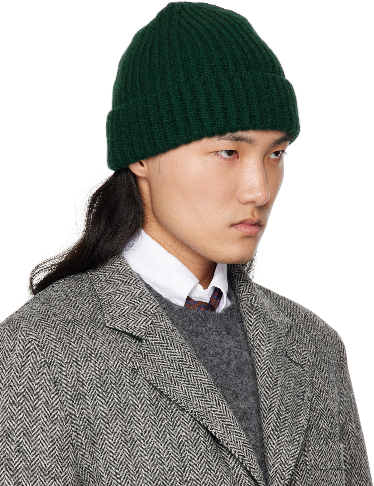 Drake's Green Cashmere Ribbed Knit Beanie Drake's