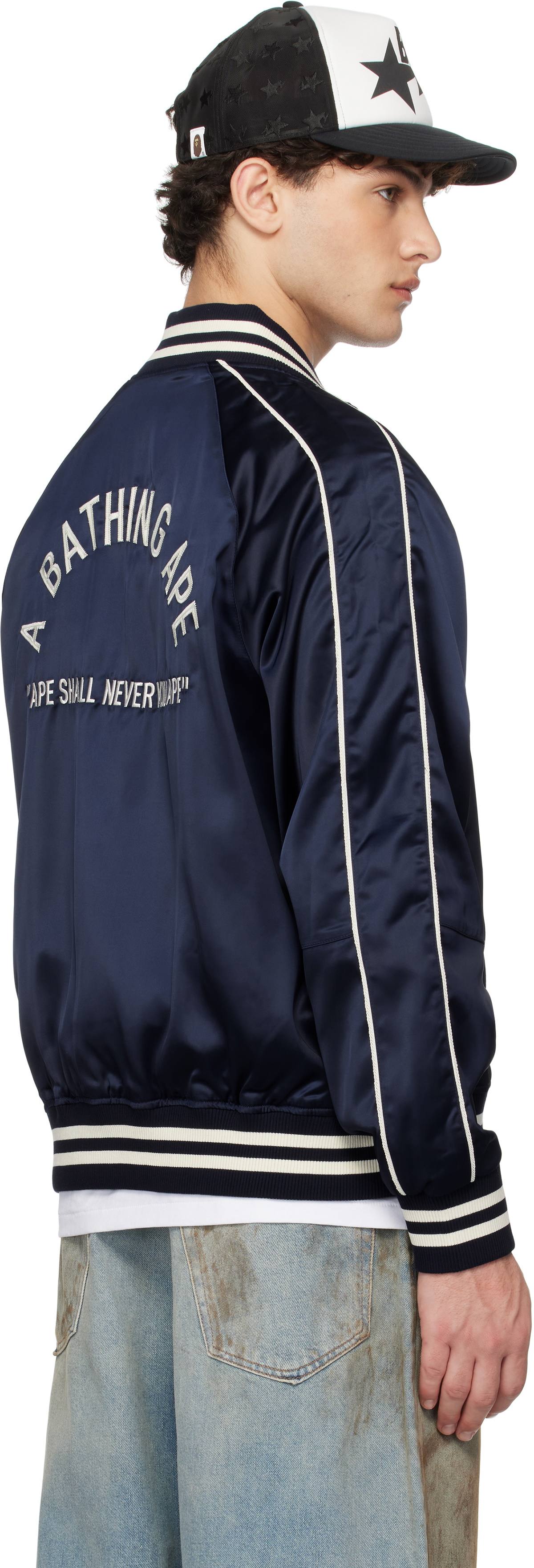BAPE Navy 'A Bathing Ape' Nylon Varsity Bomber Jacket A Bathing Ape