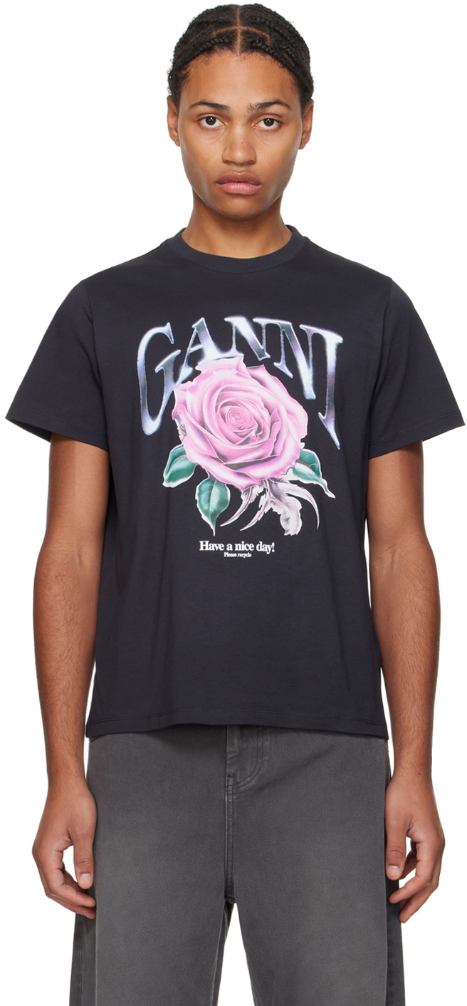 GANNI Black Rose Relax T-Shirt GANNI