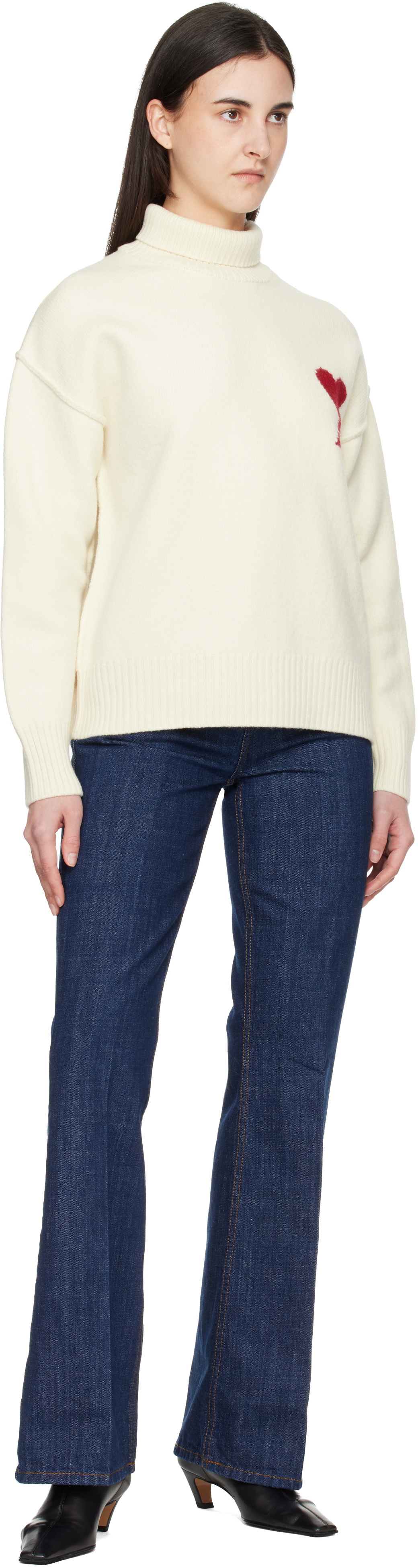AMI Paris Off-White Contrasted Ami de Coeur Funnel Neck Sweater AMI