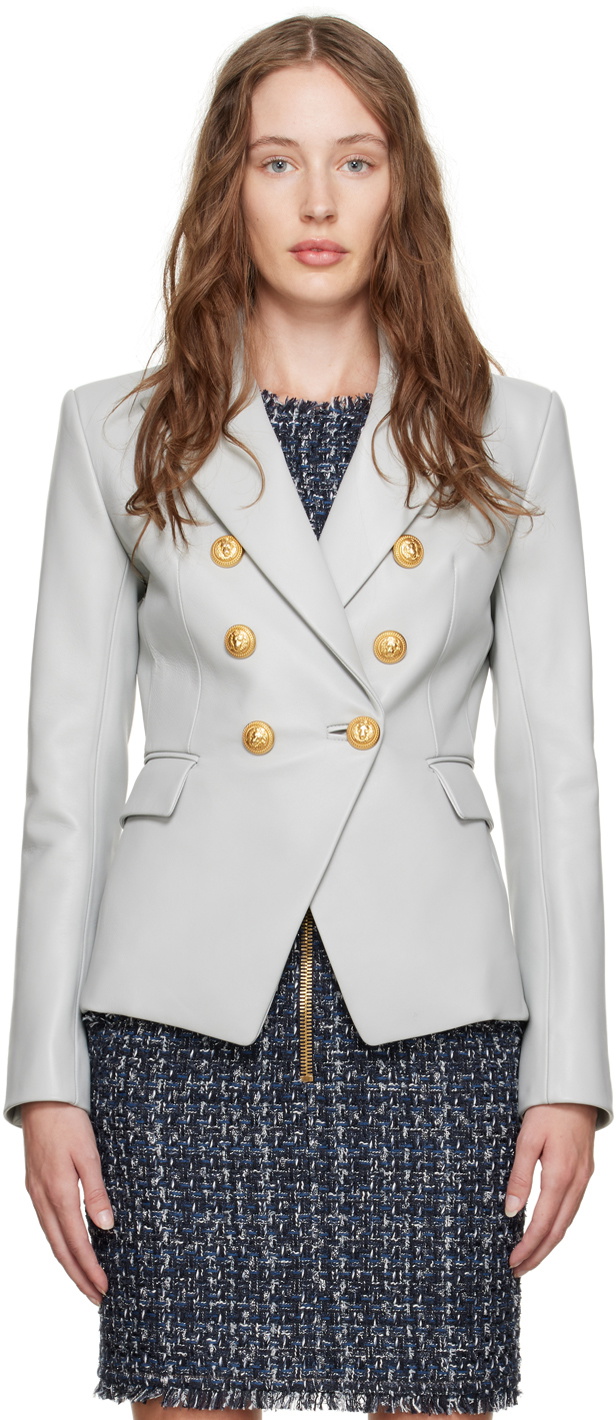 Balmain Gray Double Breasted Leather Jacket Balmain