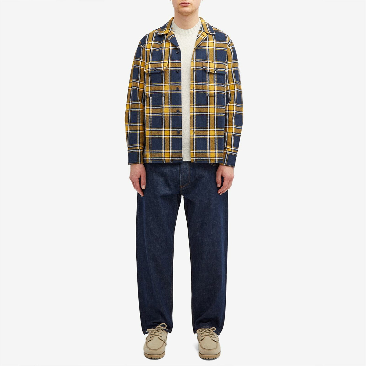 Universal Works Men's Twill Check Utility Overshirt in Yellow/Navy ...