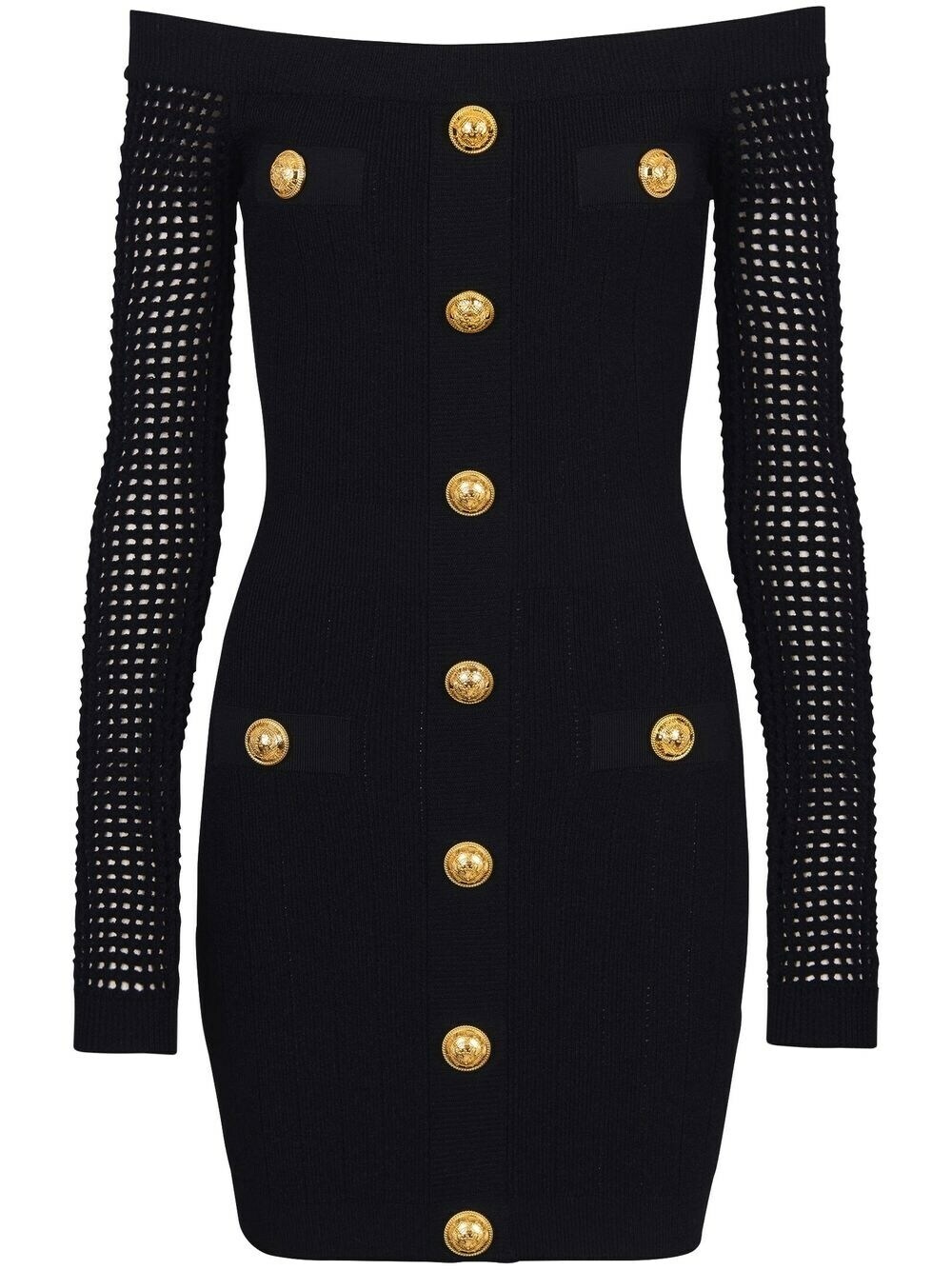 BALMAIN - Embossed-buttons Off Shoulder Knit Short Dress Balmain