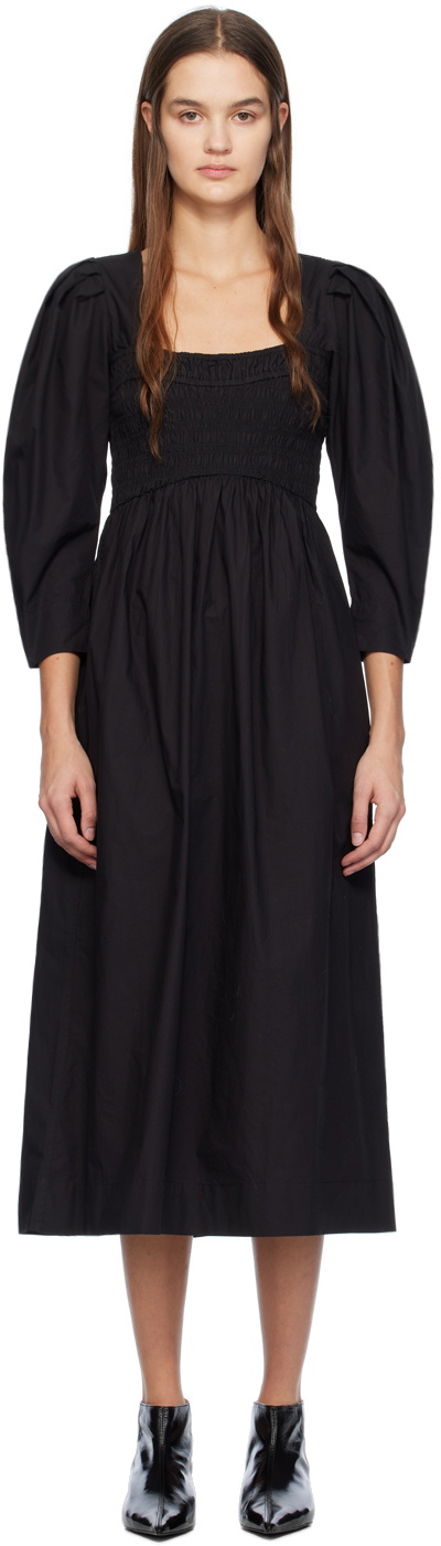 GANNI Black Smocked Maxi Dress GANNI